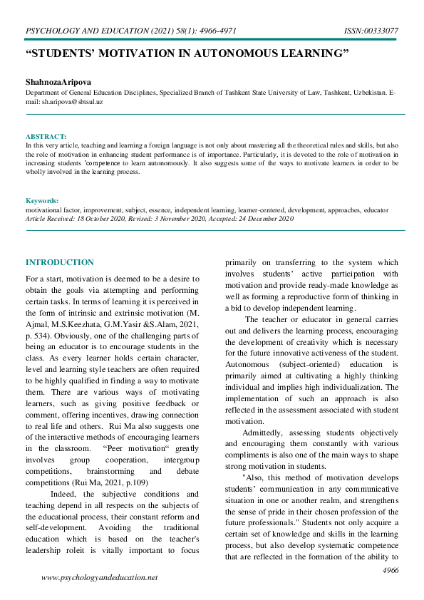 (PDF) “Students’ Motivation in Autonomous Learning”