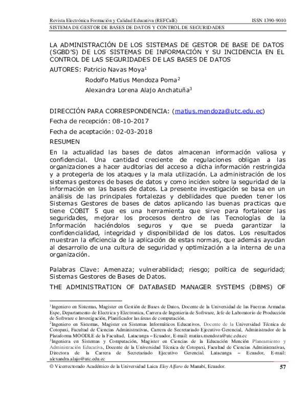 (PDF) La Administración De Los Sistemas De Gestor De Base De Datos (SGBD’S) De Los Sistemas De ...