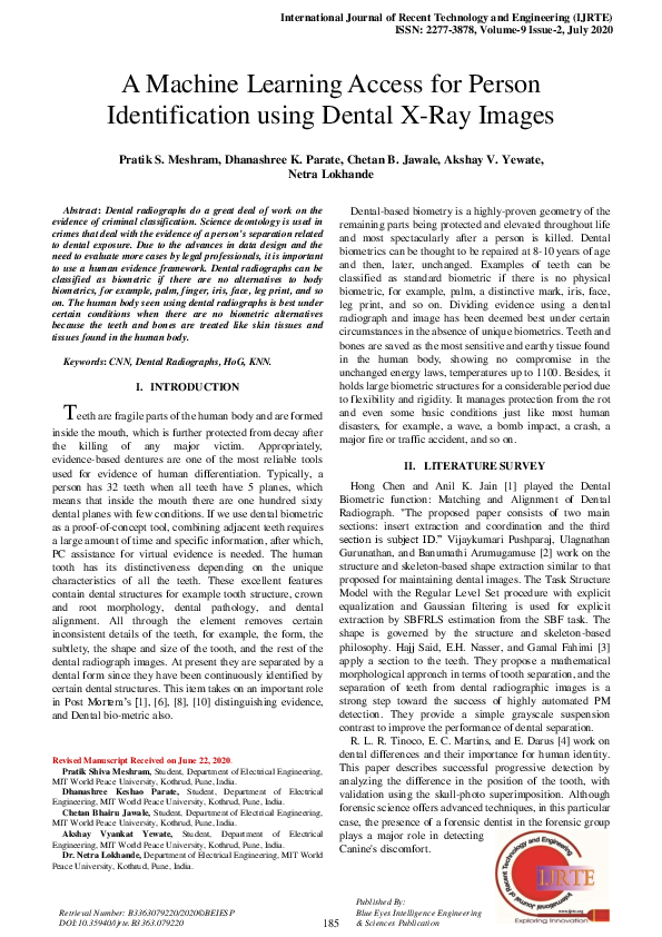 (PDF) A Machine Learning Access for Person Identification using Dental X-Ray Images