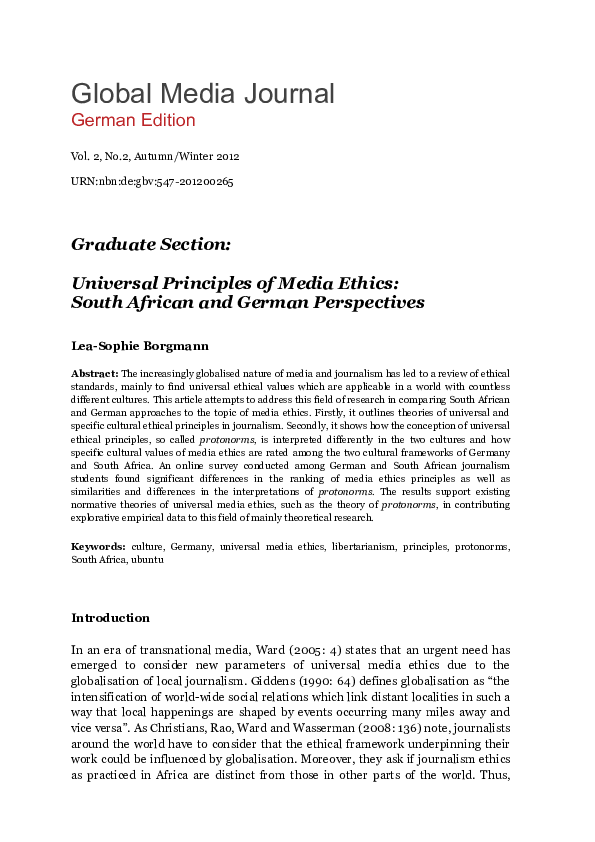 (PDF) Universal Principles of Media Ethics: South African and German ...