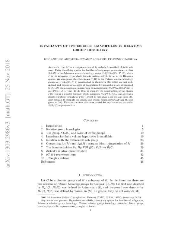 (PDF) Invariants of hyperbolic 3-manifolds in relative group homology | José Cisneros-Molina ...