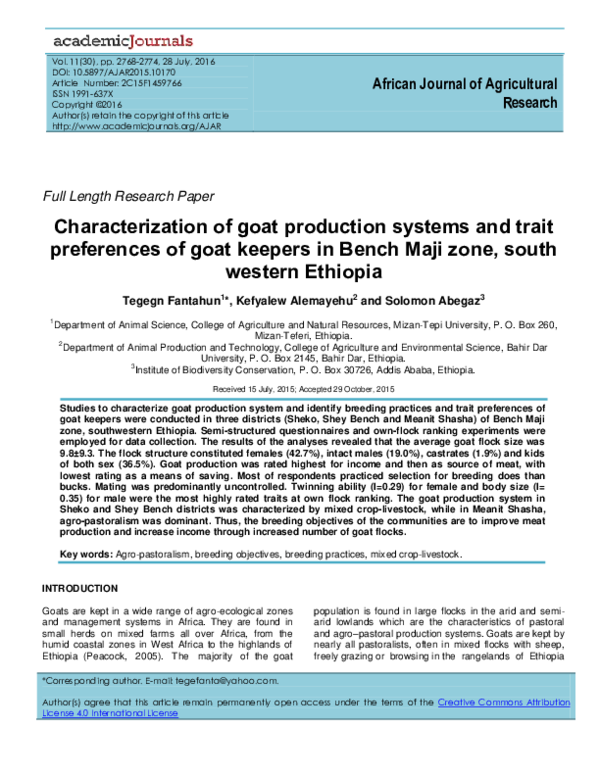 (PDF) Characterization of goat production systems and trait preferences of goat keepers in Bench ...