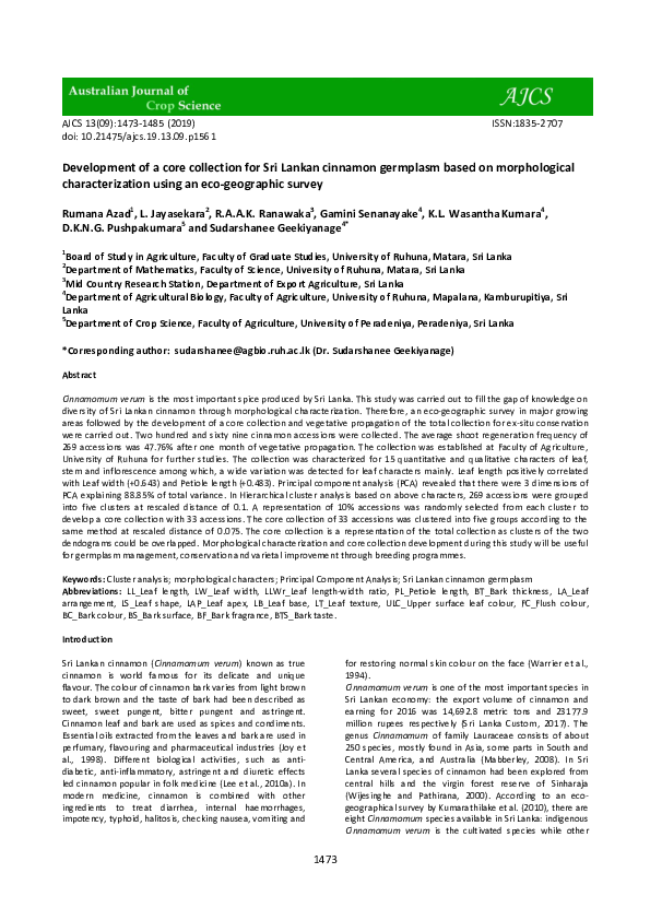 (PDF) Development of a core collection for Sri Lankan cinnamon germplasm based on morphological ...