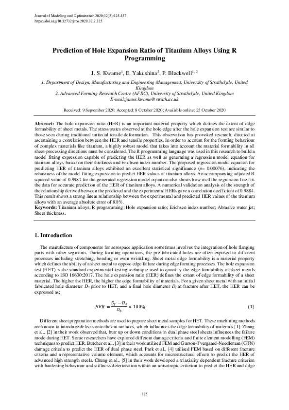 (PDF) Prediction of Hole Expansion Ratio of Titanium Alloys Using R Programming