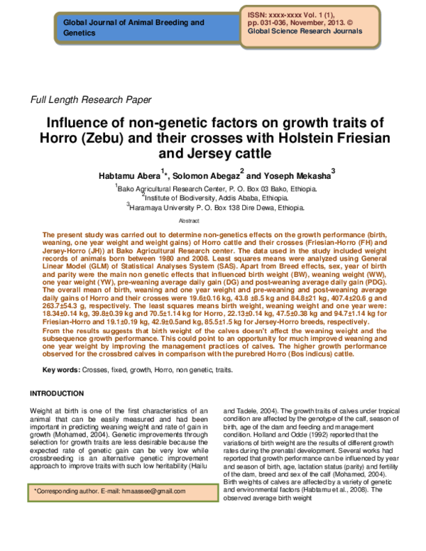 (PDF) Influence of non-genetic factors on growth traits of Horro (Zebu) and their crosses with ...