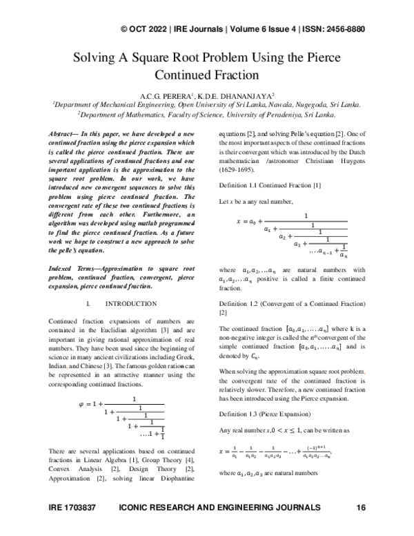 (PDF) Solving A Square Root Problem Using the Pierce Continued Fraction