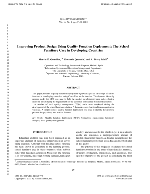 (PDF) Improving Product Design Using Quality Function Deployment: The School Furniture Case in ...