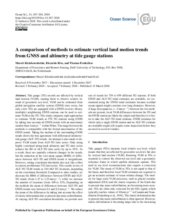 (PDF) A comparison of methods to estimate vertical land motion trends from GNSS and altimetry at ...