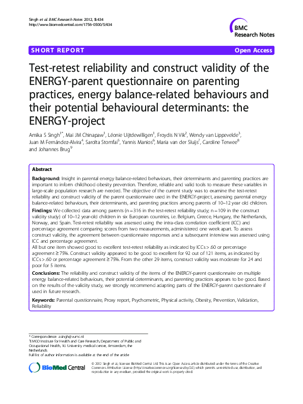 (PDF) Test-retest reliability and construct validity of the ENERGY ...