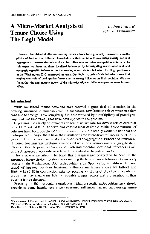 (PDF) A Micro-Market Analysis of Tenure Choice Using The Logit Model