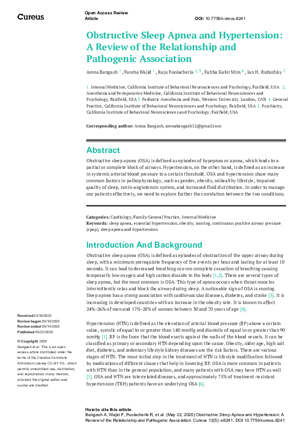 Pdf Obstructive Sleep Apnea And Hypertension A Review Of The