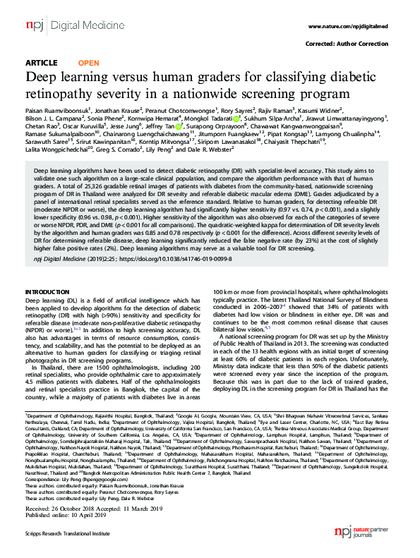 (PDF) Deep learning versus human graders for classifying diabetic retinopathy severity in a ...