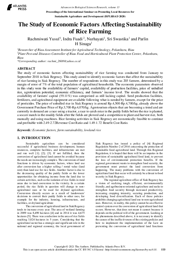 (PDF) The Study of Economic Factors Affecting Sustainability of Rice Farming