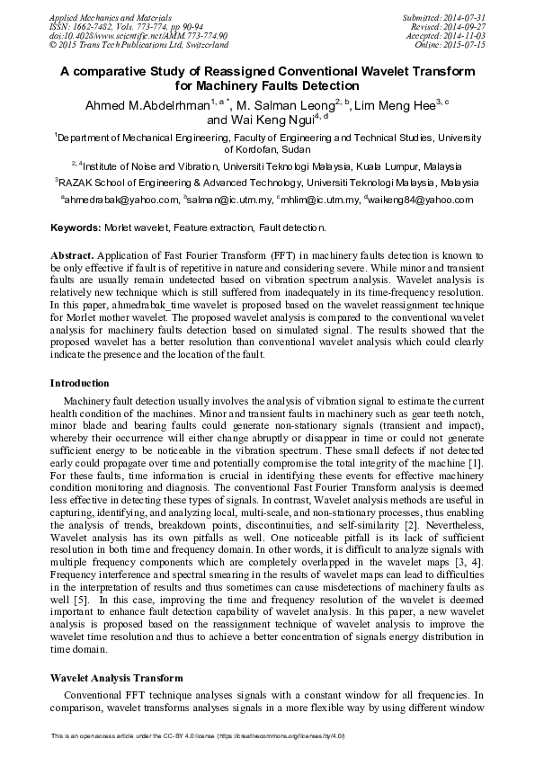 (PDF) A Comparative Study of Reassigned Conventional Wavelet Transform for Machinery Faults ...