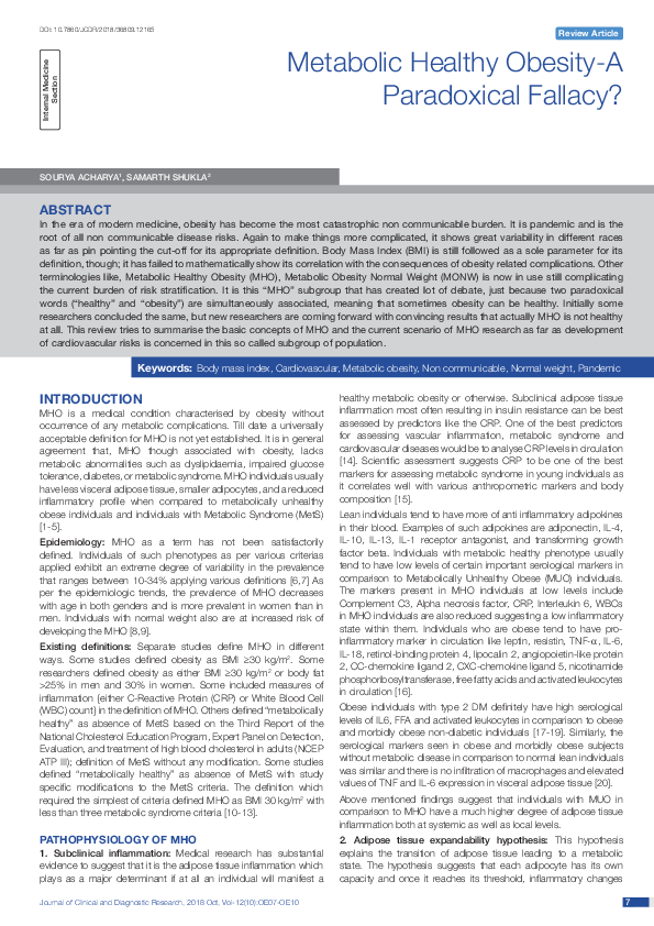 (PDF) Metabolic Healthy Obesity-A Paradoxical Fallacy?