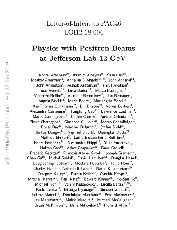 (PDF) Physics with Positron Beams at Jefferson Lab 12 GeV