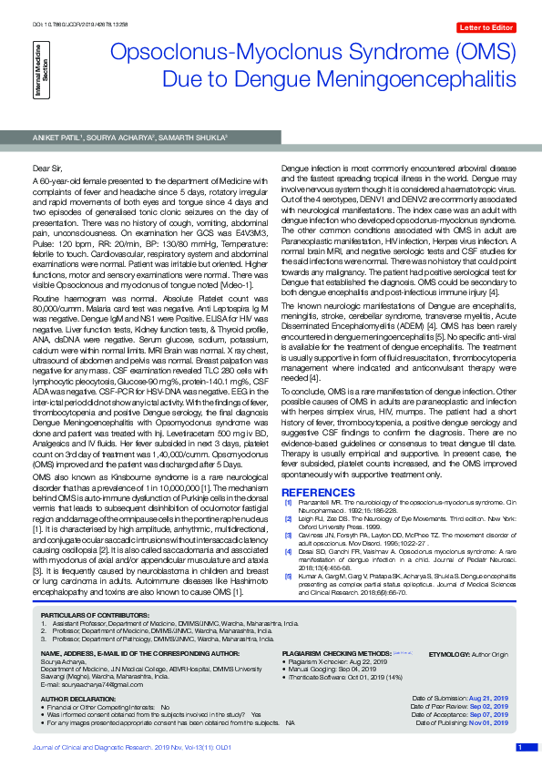 (PDF) Opsoclonus-Myoclonus Syndrome (OMS) Due to Dengue Meningoencephalitis