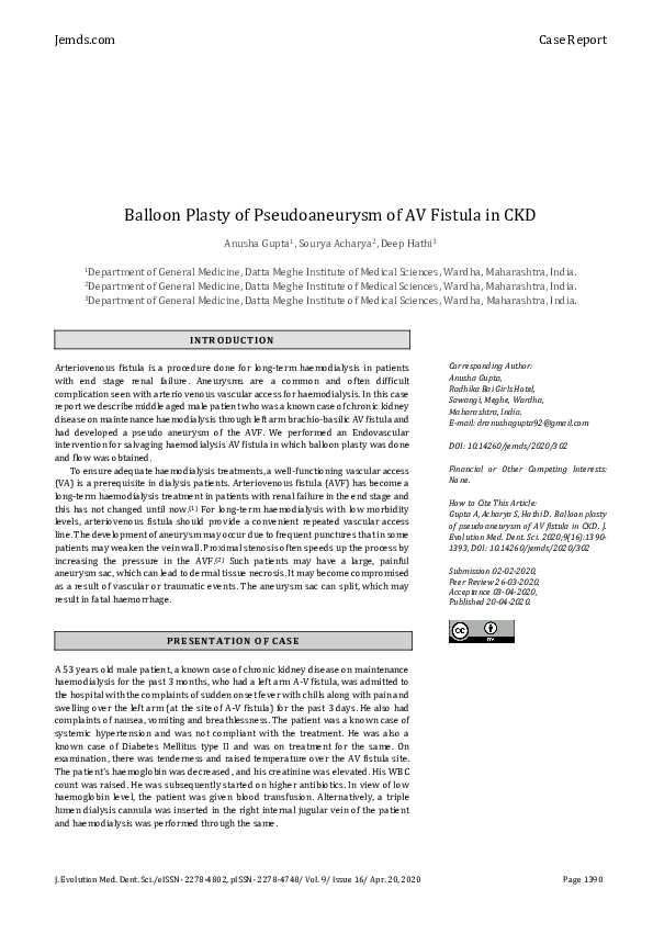 (PDF) Balloon Plasty of Pseudoaneurysm of AV Fistula in CKD