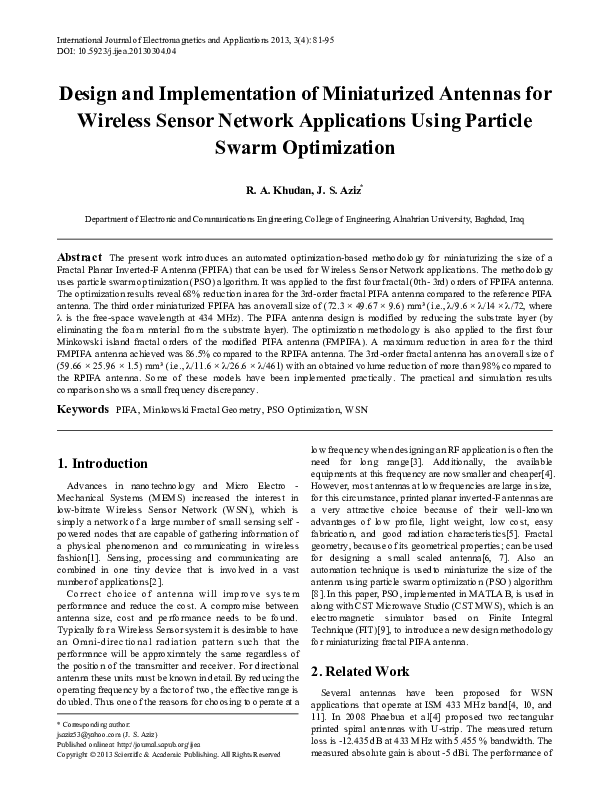 Pdf Design And Optimization Of Antennas With Wireless Sensor Networks Applications