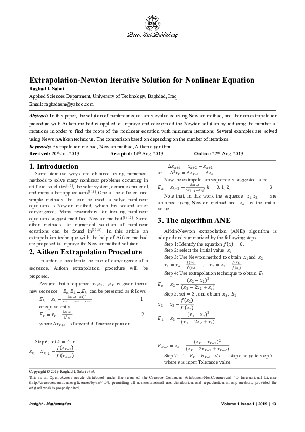 (PDF) Extrapolation-Newton Iterative Solution for Nonlinear Equation