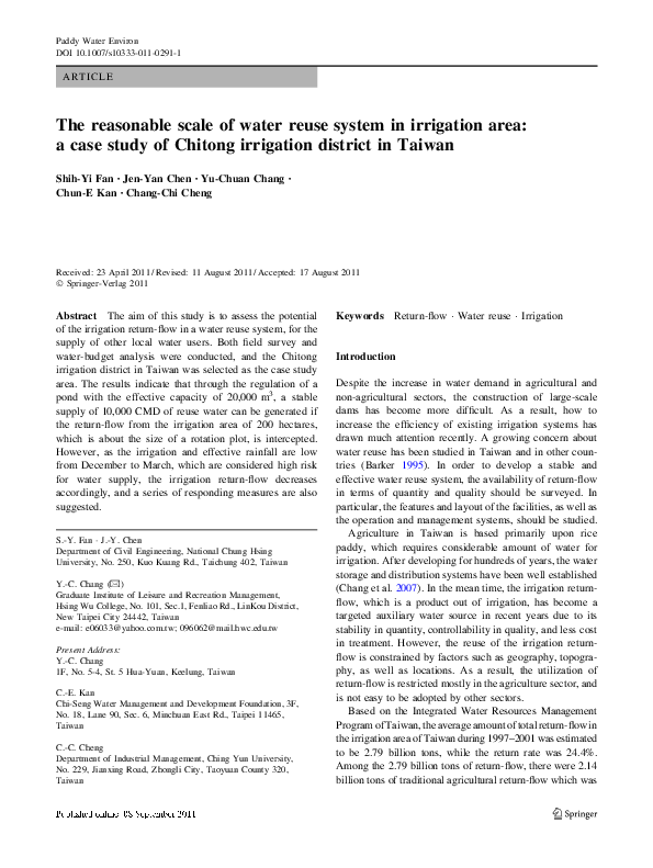(PDF) The reasonable scale of water reuse system in irrigation area: a ...