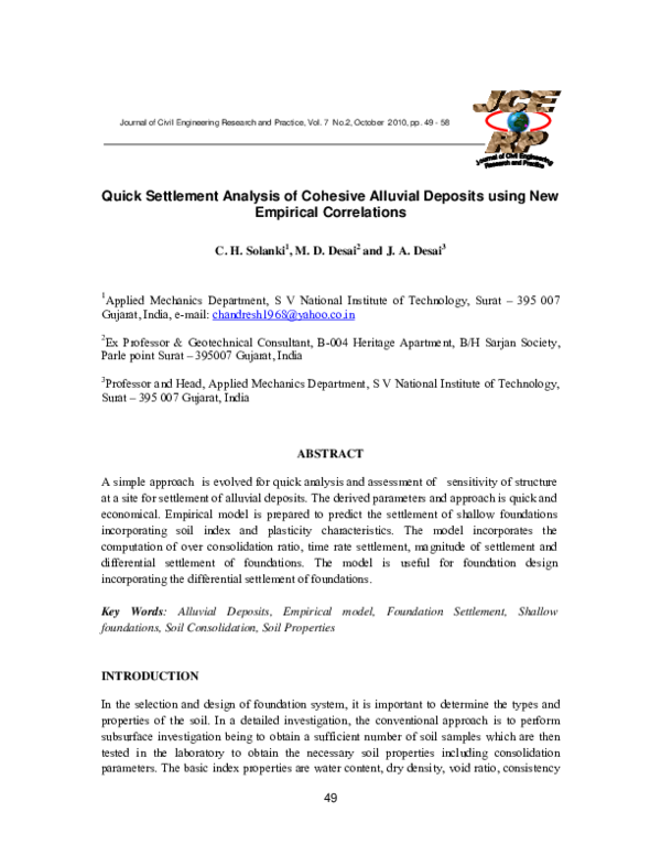 (PDF) Quick Settlement Analysis of Cohesive Alluvial Deposits using New ...