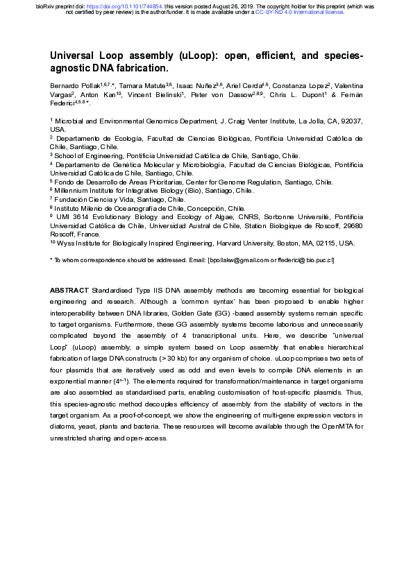(PDF) Universal Loop assembly (uLoop): open, efficient, and species-agnostic DNA fabrication