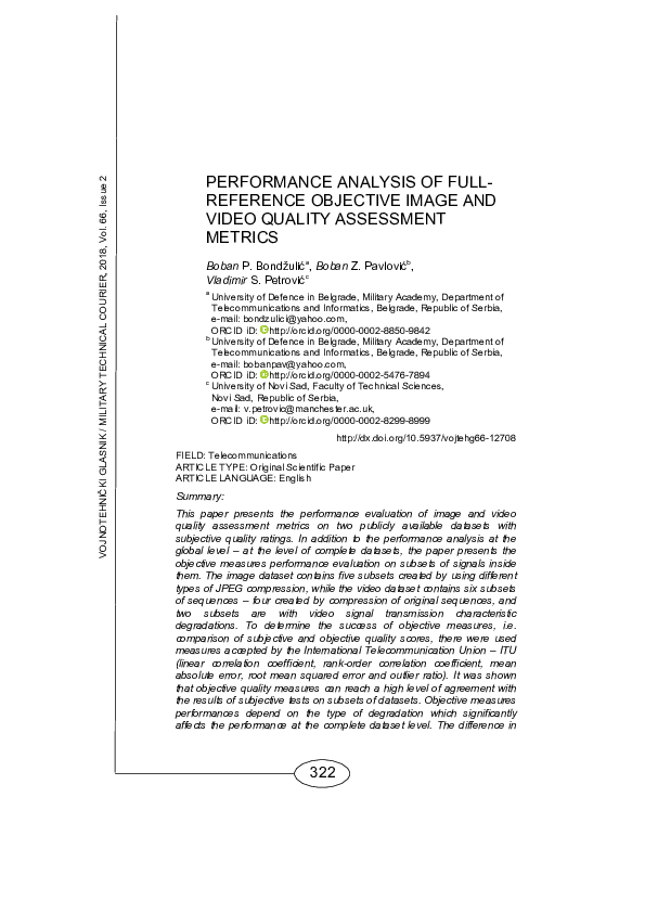 (PDF) Performance analysis of full-reference objective image and video quality assessment metrics