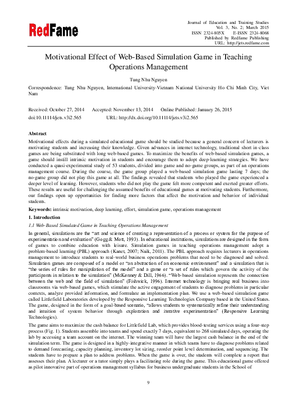 Pdf Motivational Effect Of Web Based Simulation Game In Teaching Operations Management