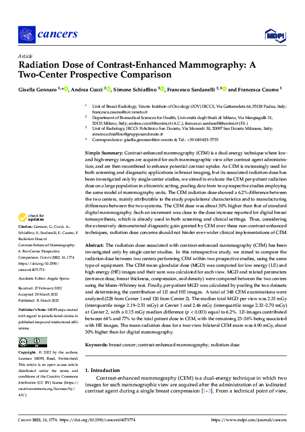(PDF) Radiation Dose of Contrast-Enhanced Mammography: A Two-Center Prospective Comparison