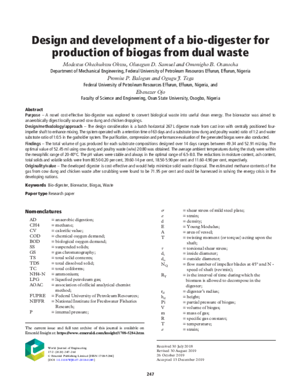(PDF) Design and development of a bio-digester for production of biogas ...