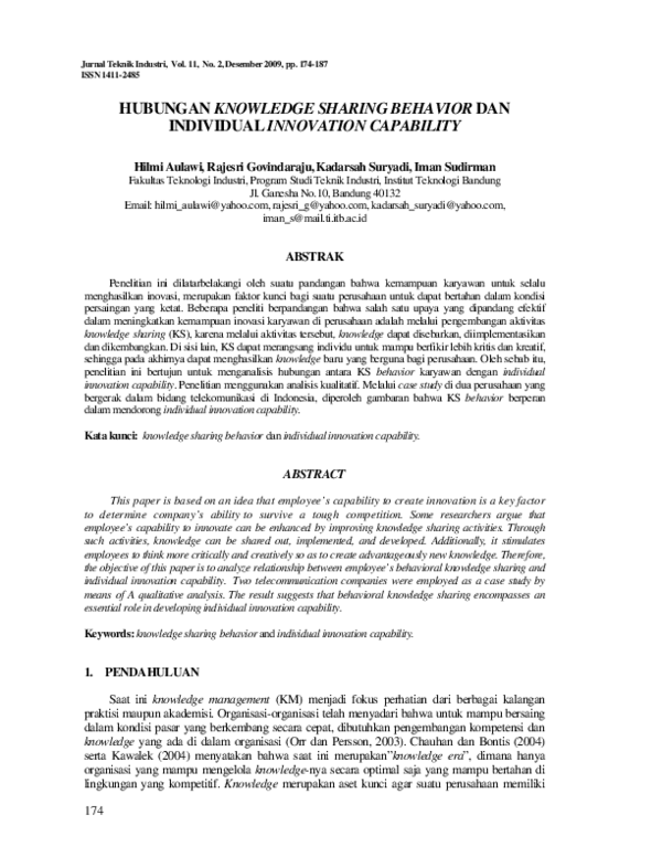 (PDF) Hubungan Knowledge Sharing Behavior Dan Individual Innovation Capability