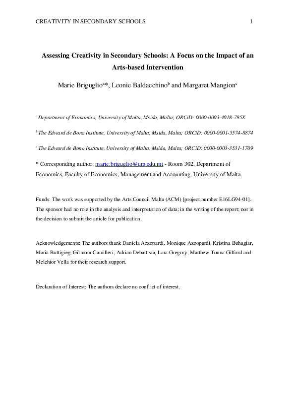 (PDF) Assessing Creativity in Secondary Schools: A Focus on the Impact of an Arts‐based Intervention
