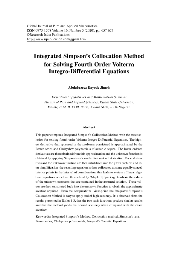 Pdf Integrated Simpsons Collocation Method For Solving Fourth Order