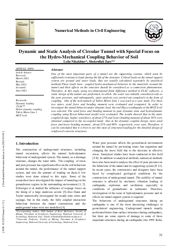 Dynamic And Static Analysis Of Circular Tunnel With Special Focus On