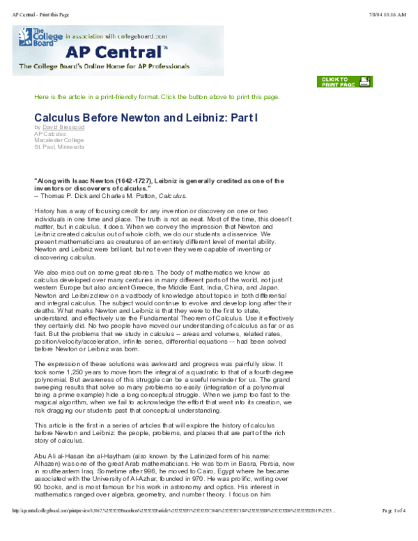 (PDF) Calculus Before Newton and Leibniz: Part I