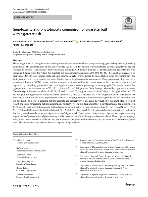 (PDF) Genotoxicity and phytotoxicity comparison of cigarette butt with cigarette ash