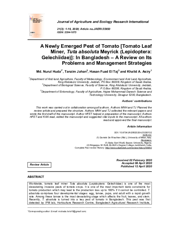 (PDF) A Newly Emerged Pest of Tomato [Tomato Leaf Miner, Tuta absoluta Meyrick (Lepidoptera ...