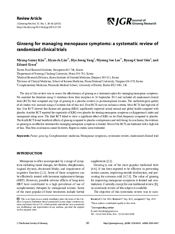 (PDF) Ginseng for managing menopause symptoms: a systematic review of randomized clinical trials