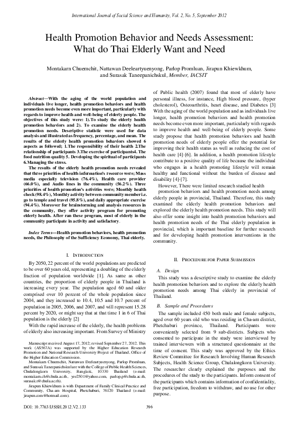 (PDF) Health Promotion Behavior and Needs Assessment: What do Thai ...