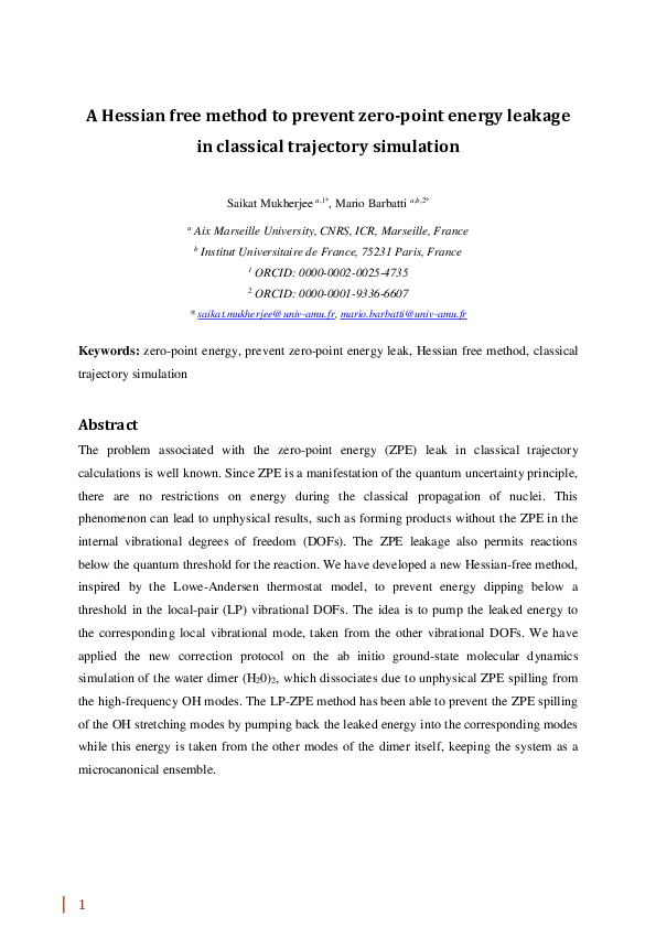 (PDF) A Hessian free method to prevent zero-point energy leakage in classical trajectory simulation