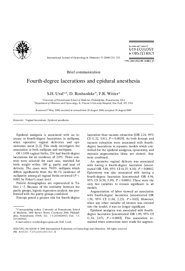 (PDF) Fourth-degree lacerations and epidural anesthesia