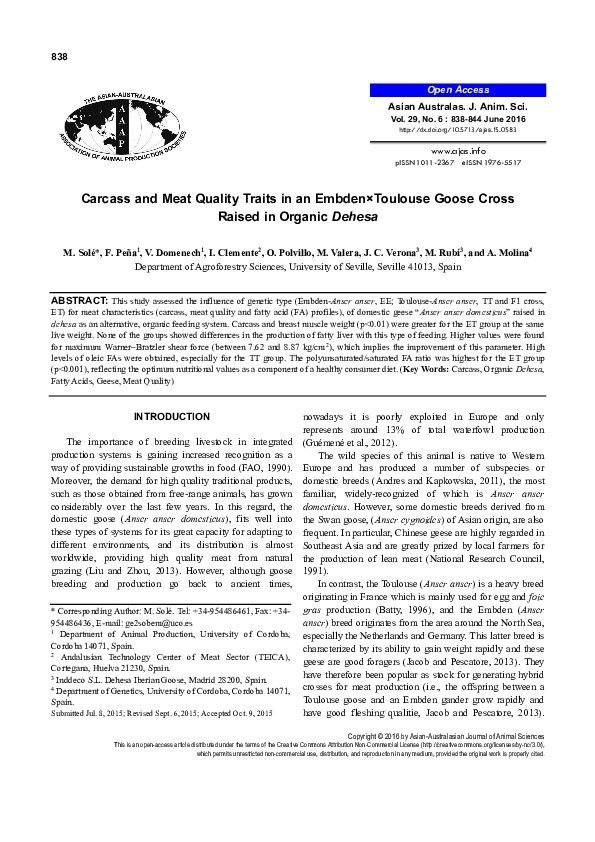 (PDF) Carcass and Meat Quality Traits in an Embden×Toulouse Goose Cross ...