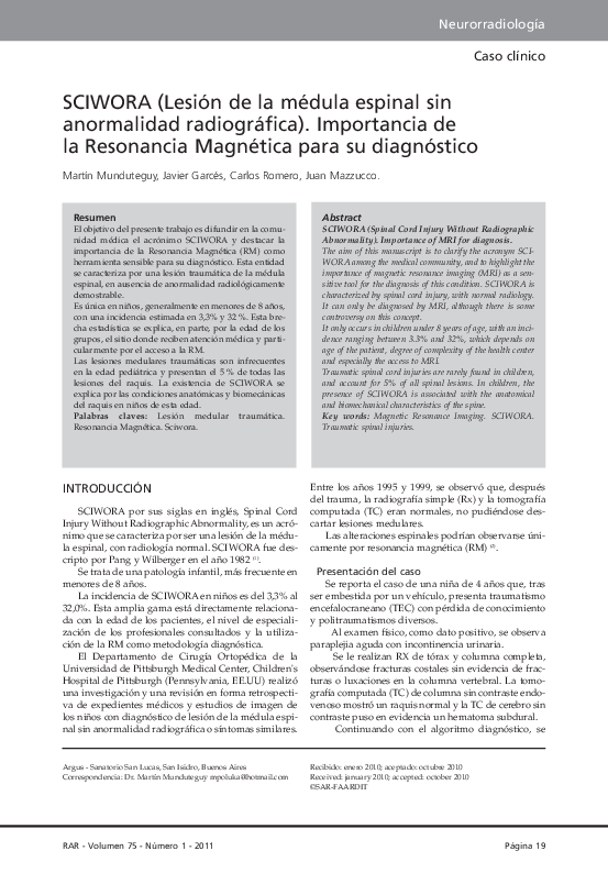 (PDF) SCIWORA (Lesión de la médula espinal sin anormalidad radiográfica ...