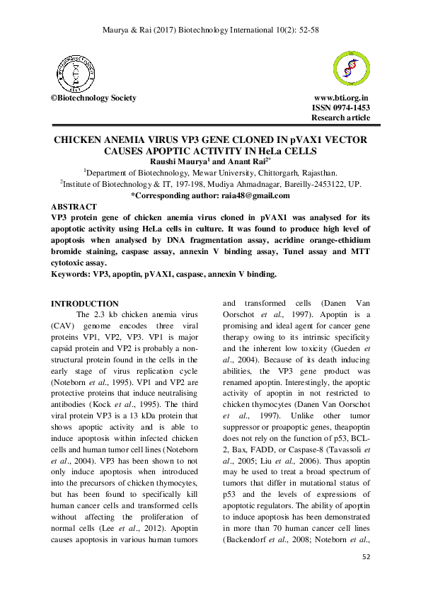 (PDF) CHICKEN ANEMIA VIRUS VP3 GENE CLONED IN pVAX1 VECTOR CAUSES ...
