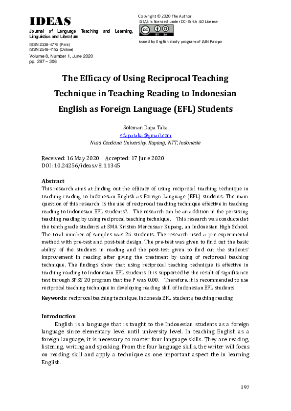 (PDF) The Efficacy of Using Reciprocal Teaching Technique in Teaching ...