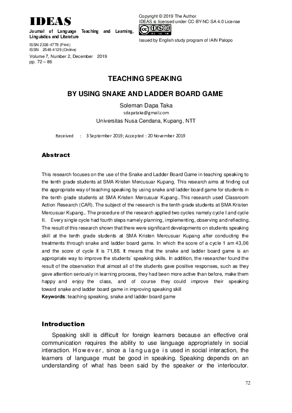 (PDF) Teaching Speaking by Using Snake and Ladder Board Game