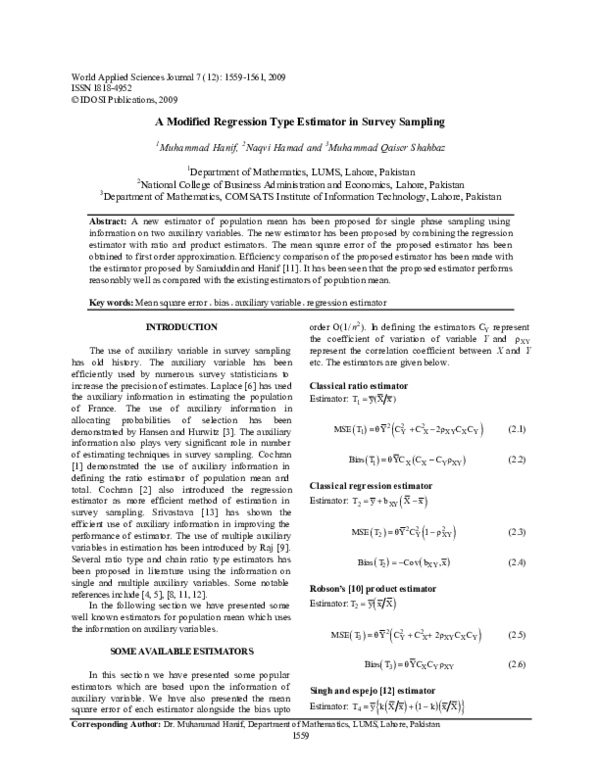 (PDF) A Modified Regression Type Estimator in Survey Sampling