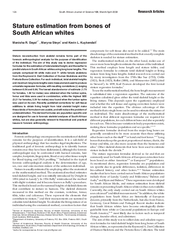 (PDF) Stature estimation from bones of South African whites