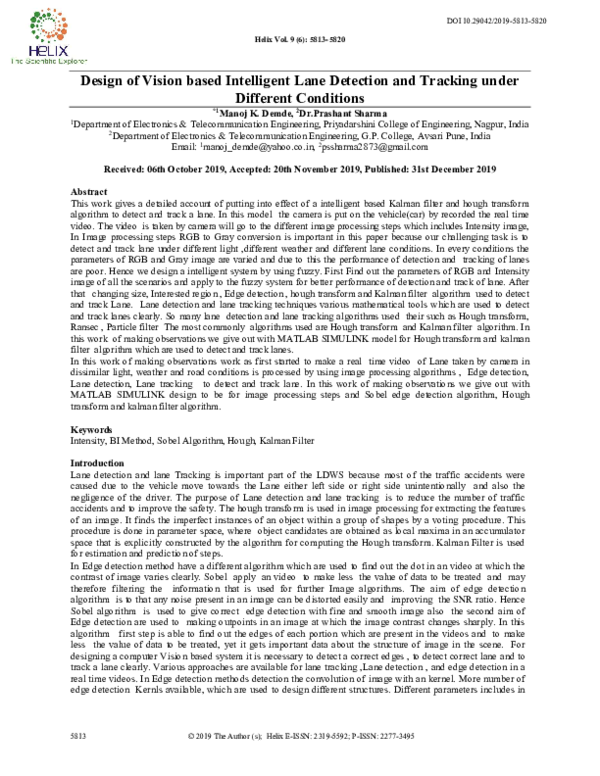 Pdf Design Of Vision Based Intelligent Lane Detection And Tracking Under Different Conditions
